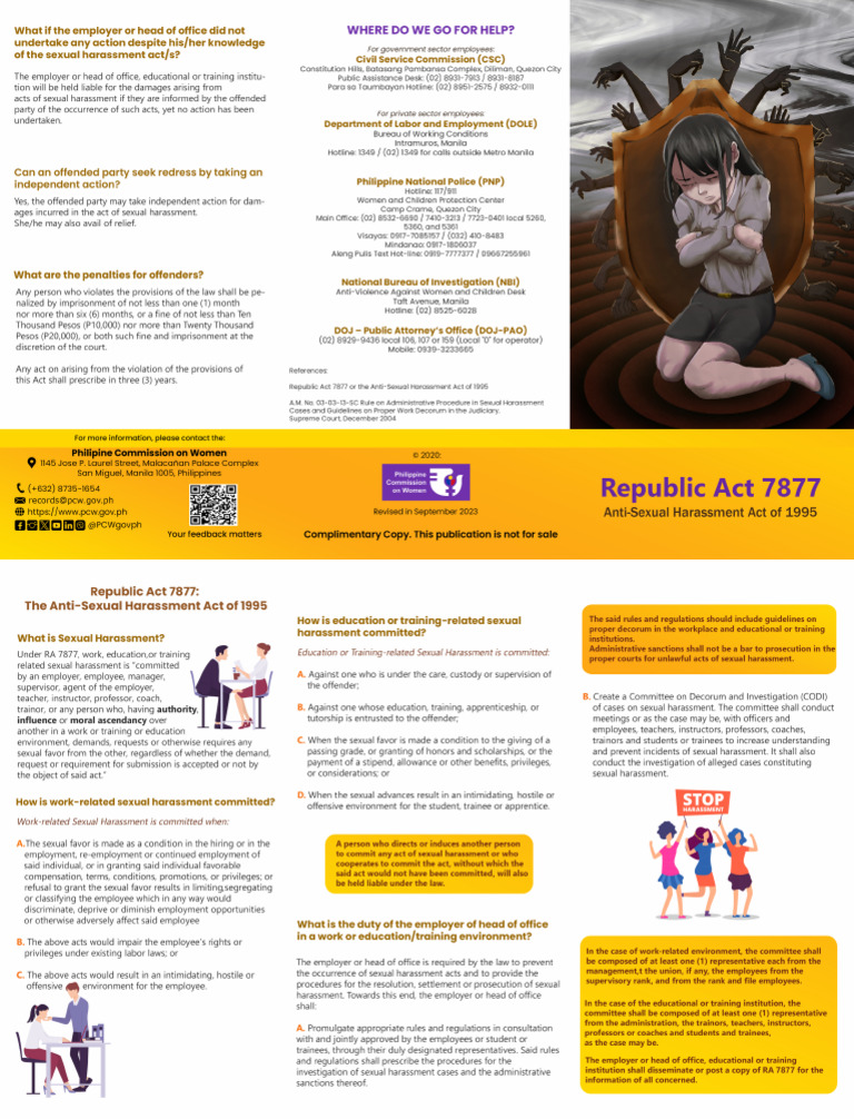 PCW Brochure Republic Act 7877 Anti Sexual Harassment Act of 1995 English 2024 2 | PDF