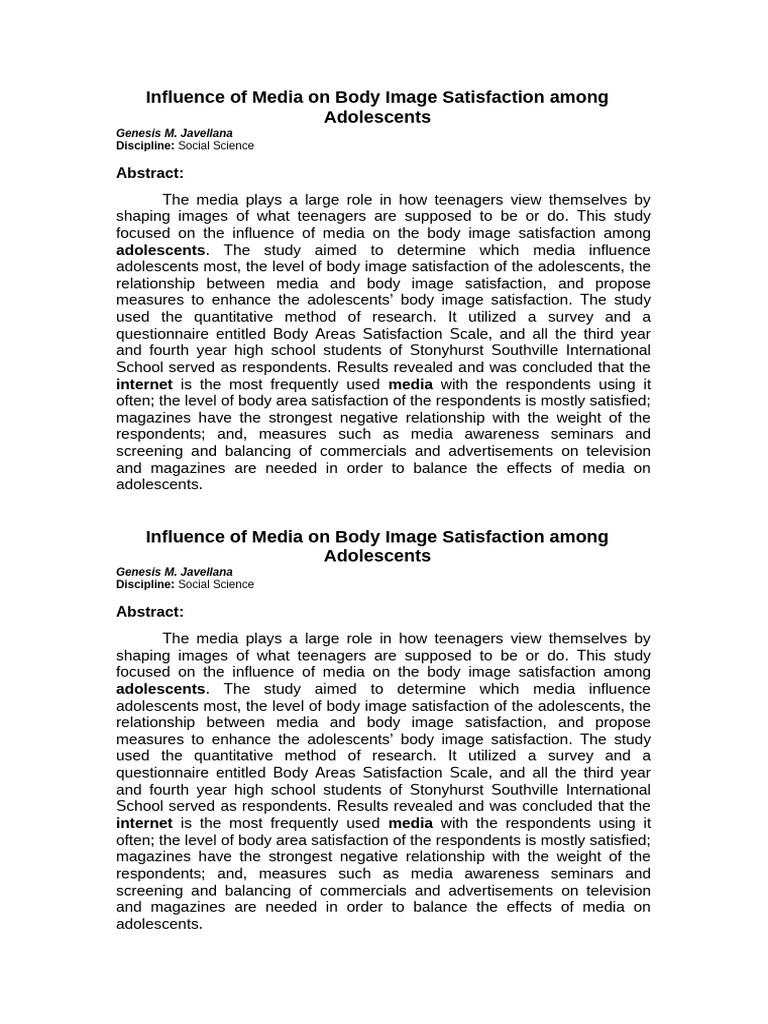 Influence of Media On Body Image Satisfaction Amon | PDF | Body Image ...