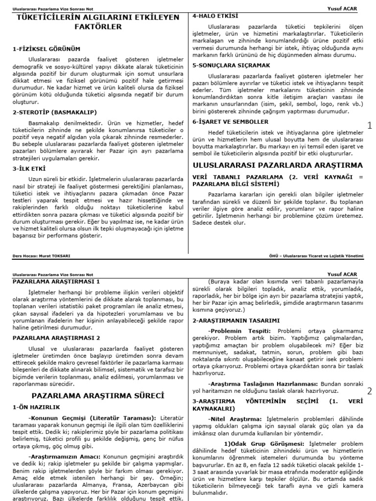 Uluslararası Pazarlama Vize Sonrası Not | PDF