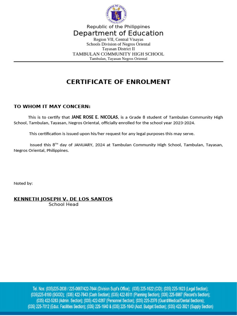 Certificate of Enrollment for Jane Rose E. Nicolas | PDF