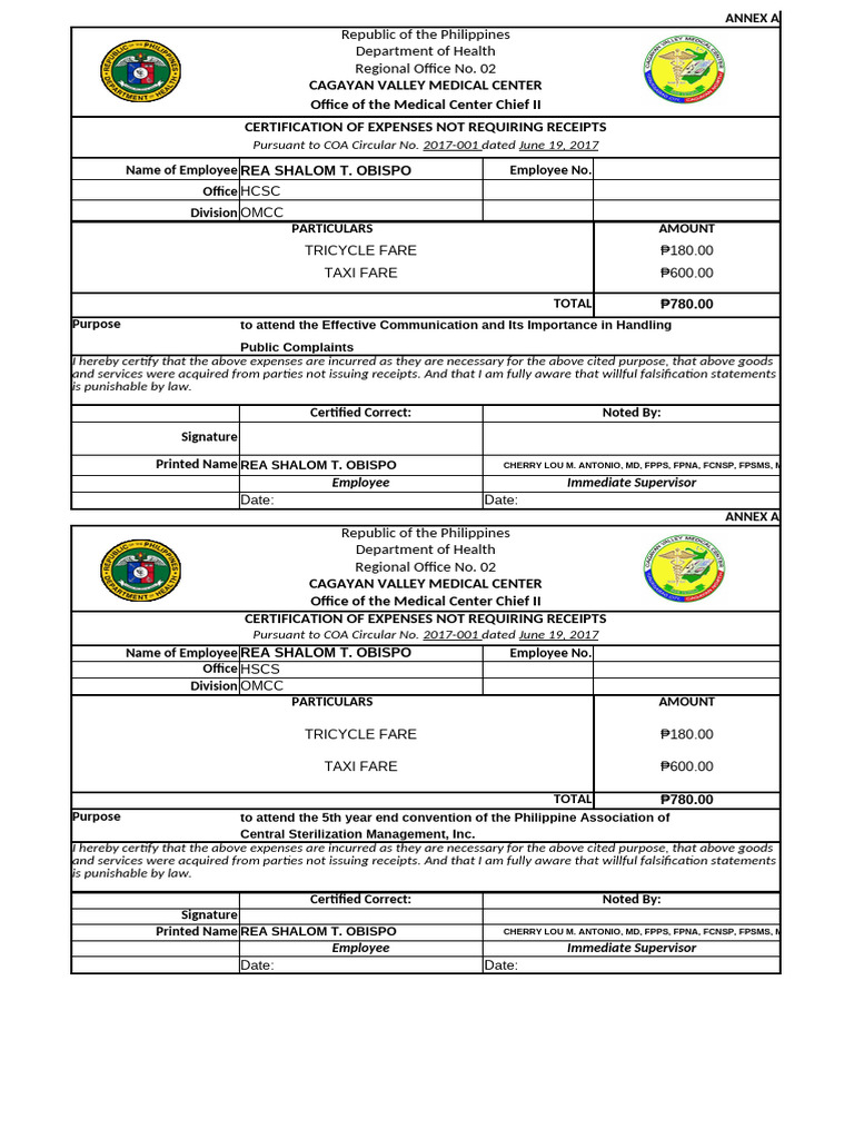 Certification of Expenses Not Requiring Receipts | PDF | Philippines | Economy Of The Philippines