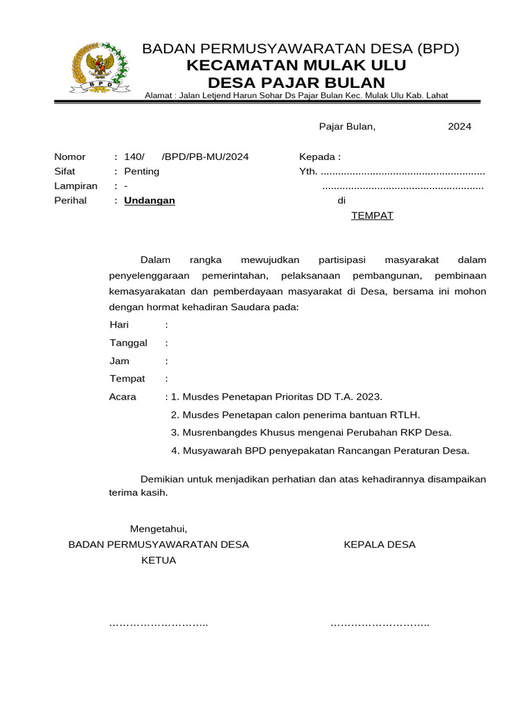 Undangan Musyawarah Desa Pajar Bulan | PDF