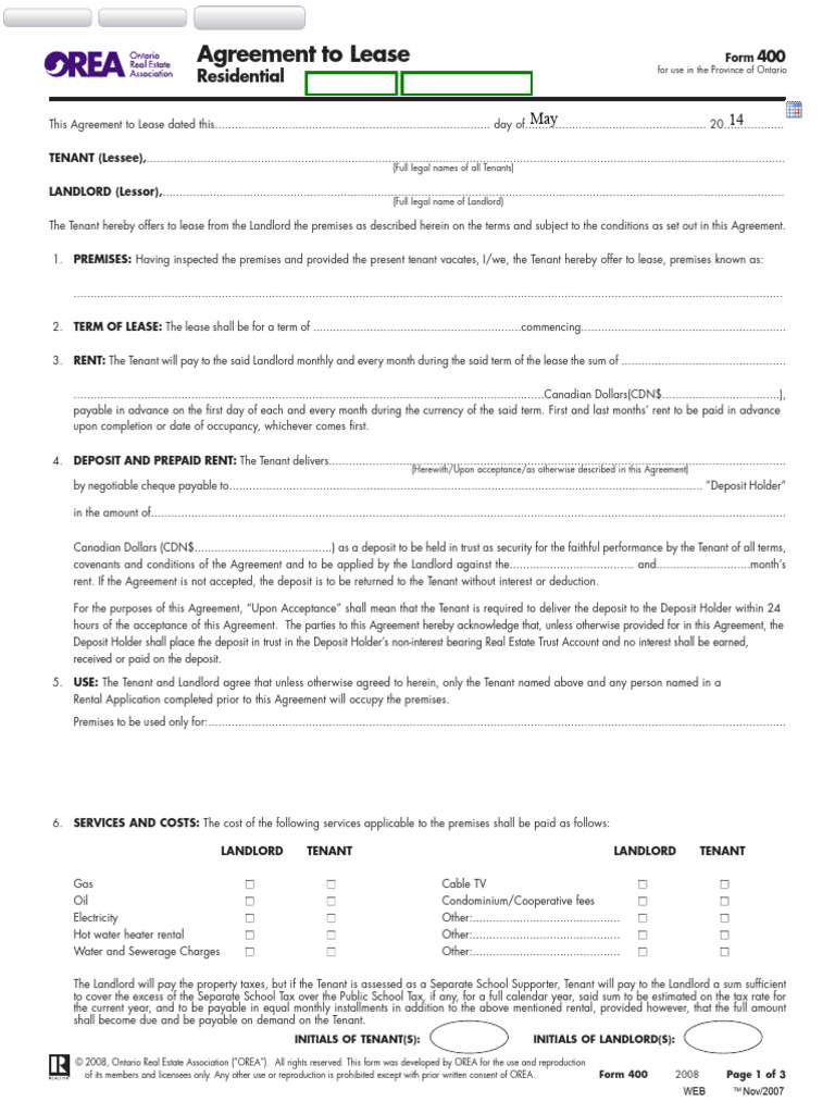 Agreement To Lease Residential FORM 400 | PDF | Lease | Leasehold Estate