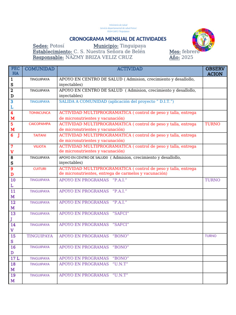 Cronograma Mensual Internado | PDF