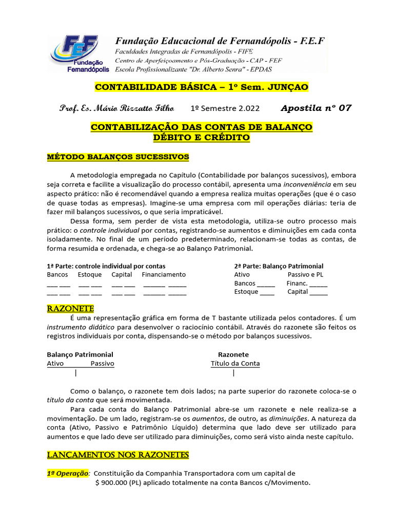 Apost7 Cont. Básica - 2.022 - Contabilização Das Contas de Balanço ...