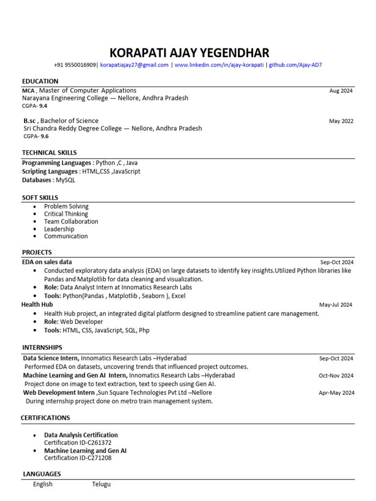 Korapati Ajay Yegendhar Resume (2) - 1 | PDF | Data Analysis | Data Science