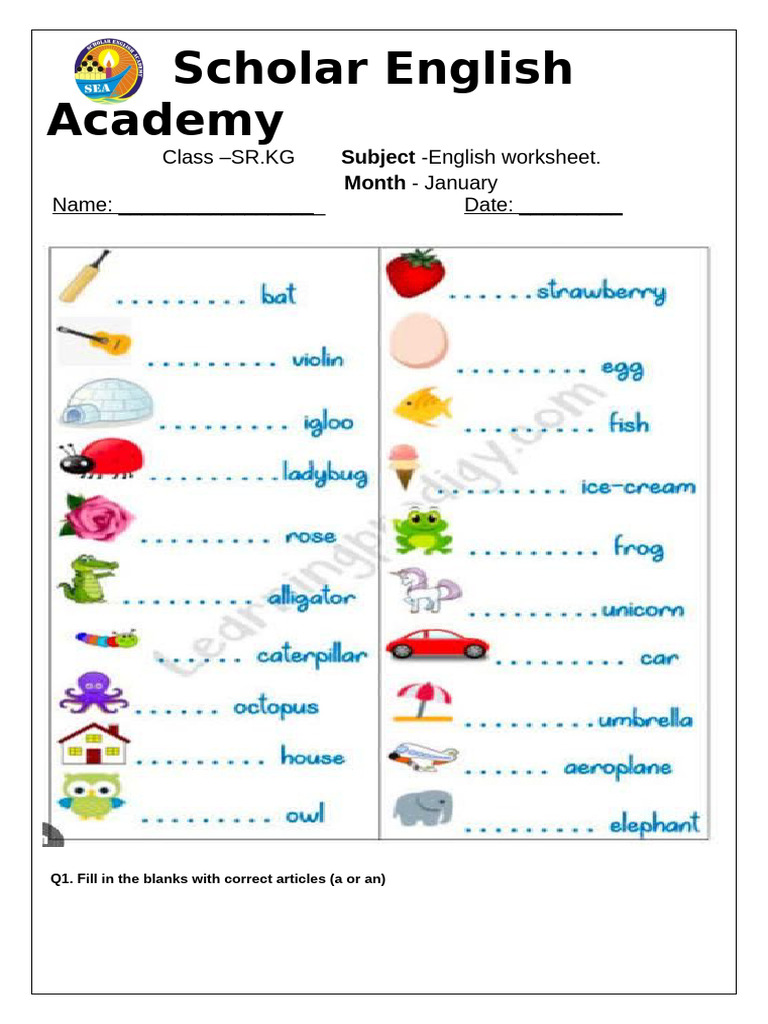SR.KG English Worksheet - January | PDF