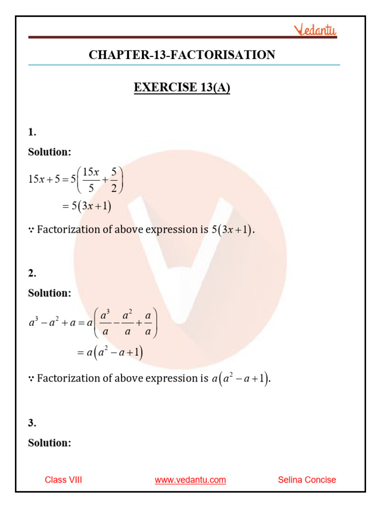 Selina Concise Mathematics Class 8 ICSE Solutions for Chapter 13 - Factorisation | PDF