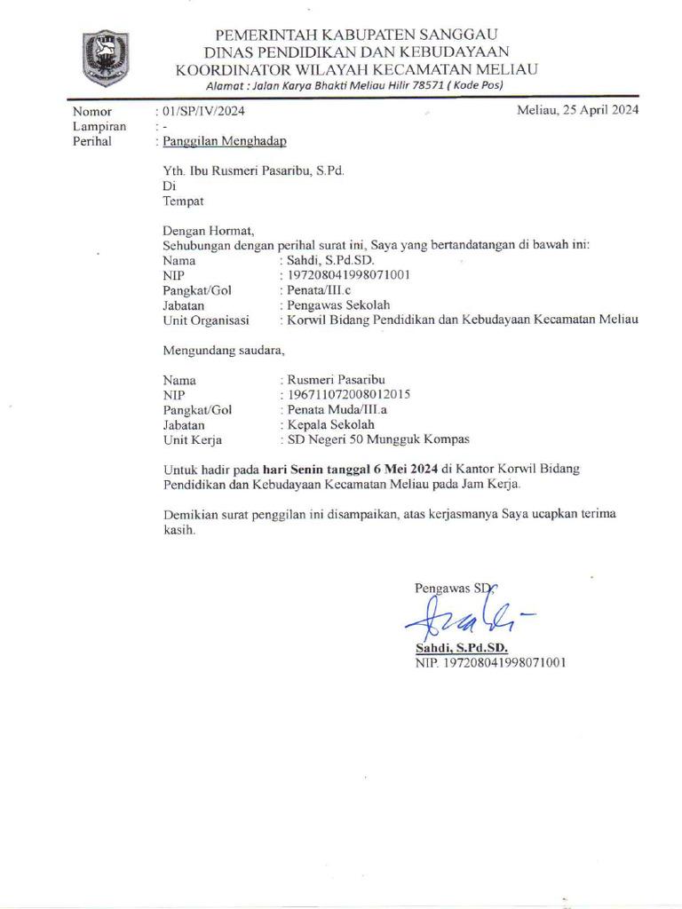 Surat Panggilan Kepala Sekolah | PDF