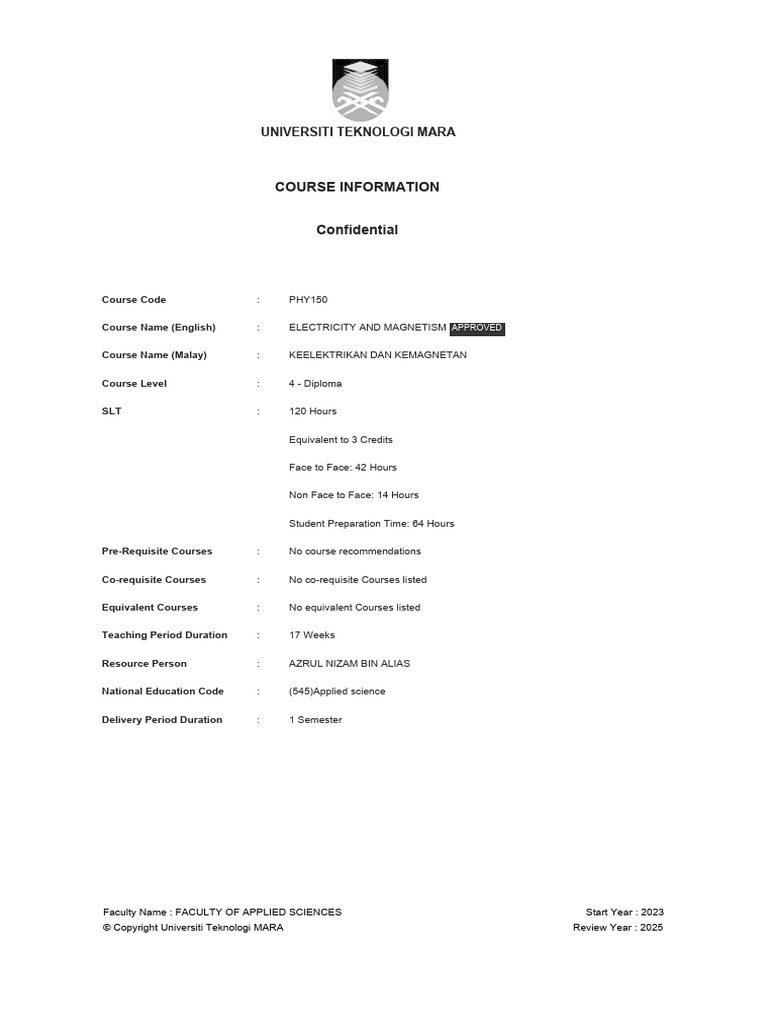Electricity and Magnetism Course Info | PDF | Electrical Network ...