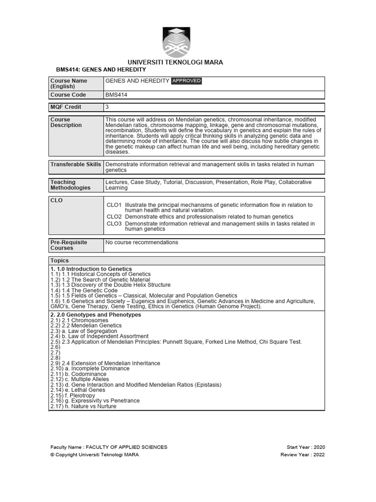 Genes and Heredity Coure Outline | PDF | Genetics | Dominance (Genetics)