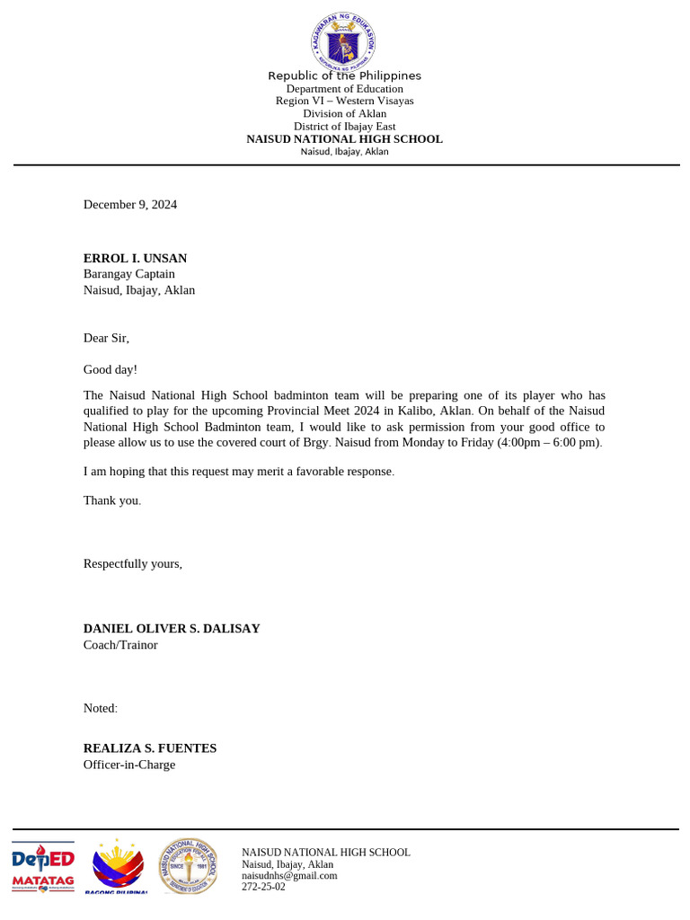 Badminton Team Venue Request Letter | PDF