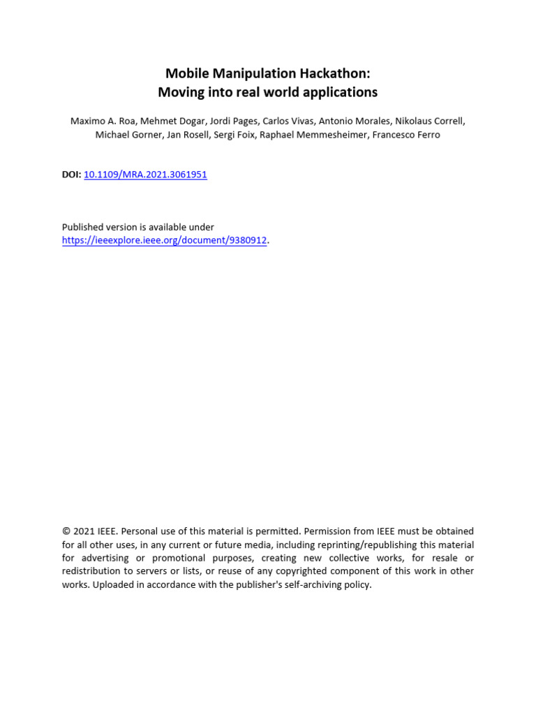 Mobile Manipulation Hackathon | PDF | Robotics | Robot