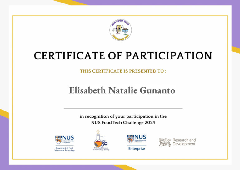 Certificate of Participant in The NUS FoodTech Challenge 1739224878 | PDF