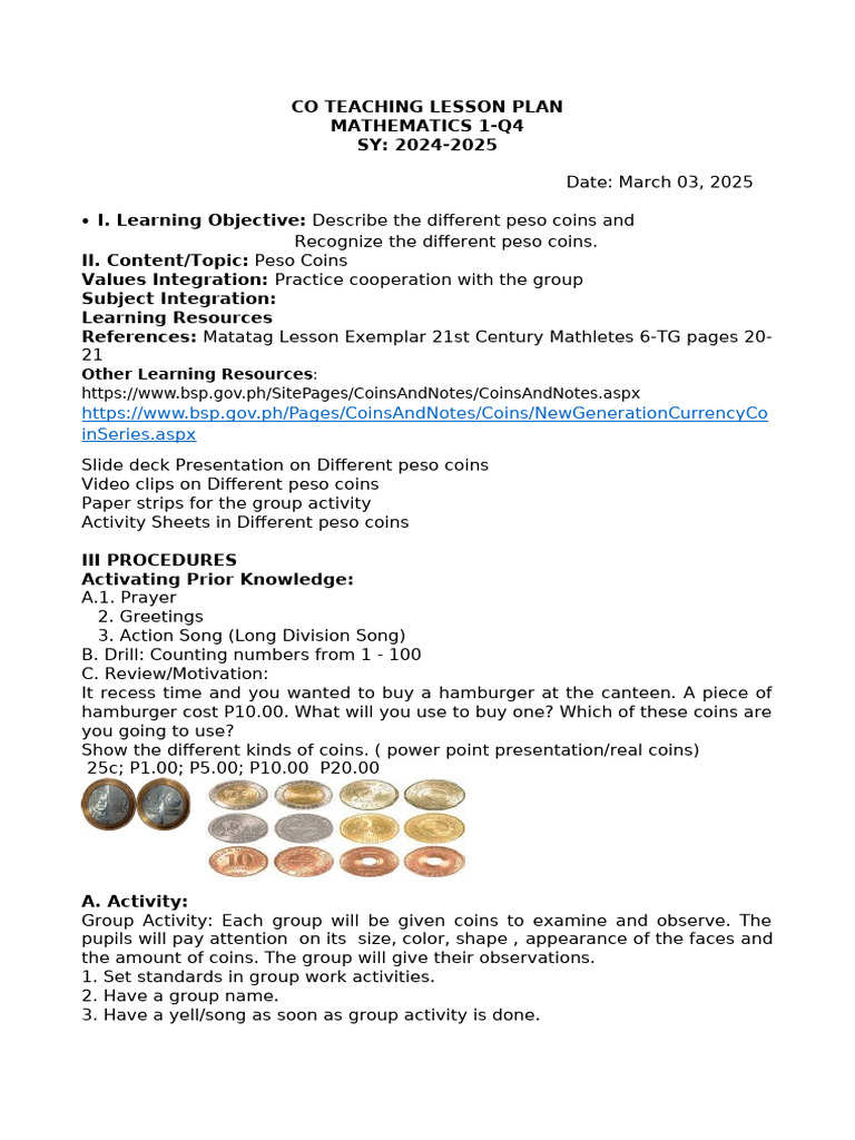 Co4 Teaching Lesson Plan Math 1 | PDF | Learning | Cognition