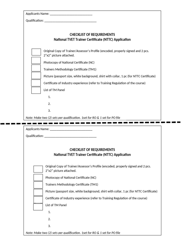 NTTC Checklist of Requirements | PDF