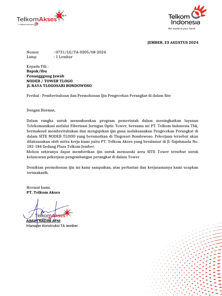 Surat Perijinan Masuk Site Nodeb TLOGO BOW | PDF
