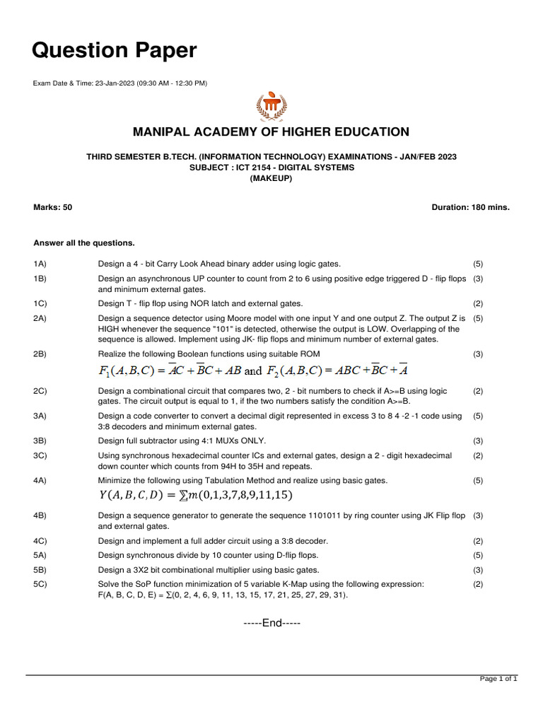 ICT 2154 - DIGITAL SYSTEMS - Makeup Exam QP | PDF | Computer ...