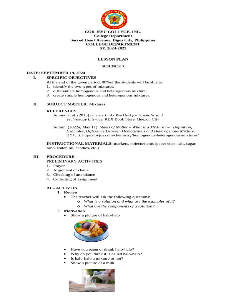 Lesson Plan On Mixtures-Final | PDF | Mixture