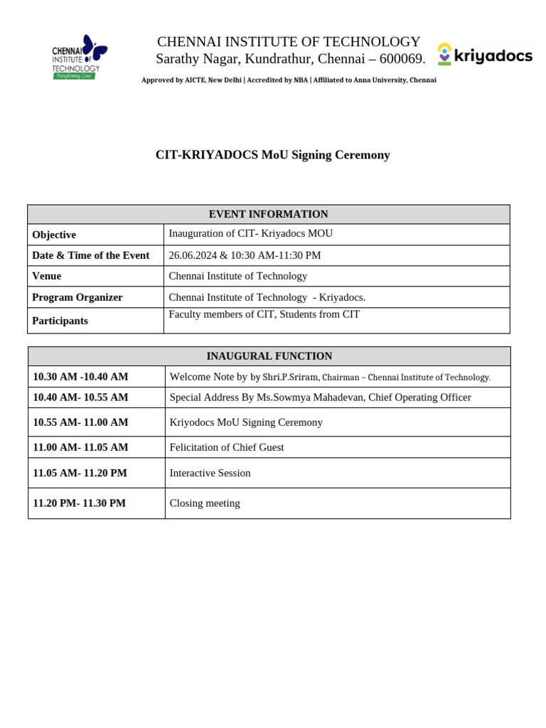 Agenda-CIT Capgemini Inaguration | PDF