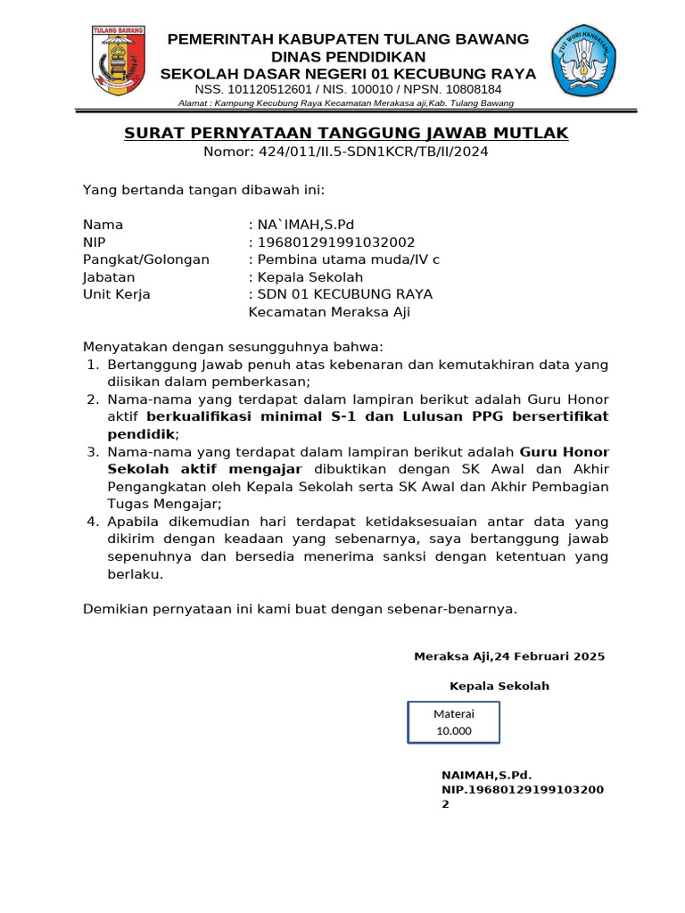 Contoh SPTJM PPG 2025 untuk Guru Honorer | PDF