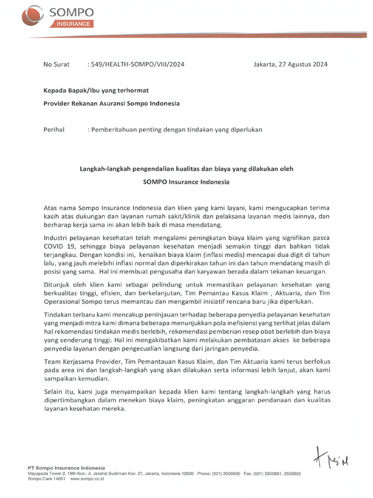 Letter of Provider - Sompo 2024 | PDF