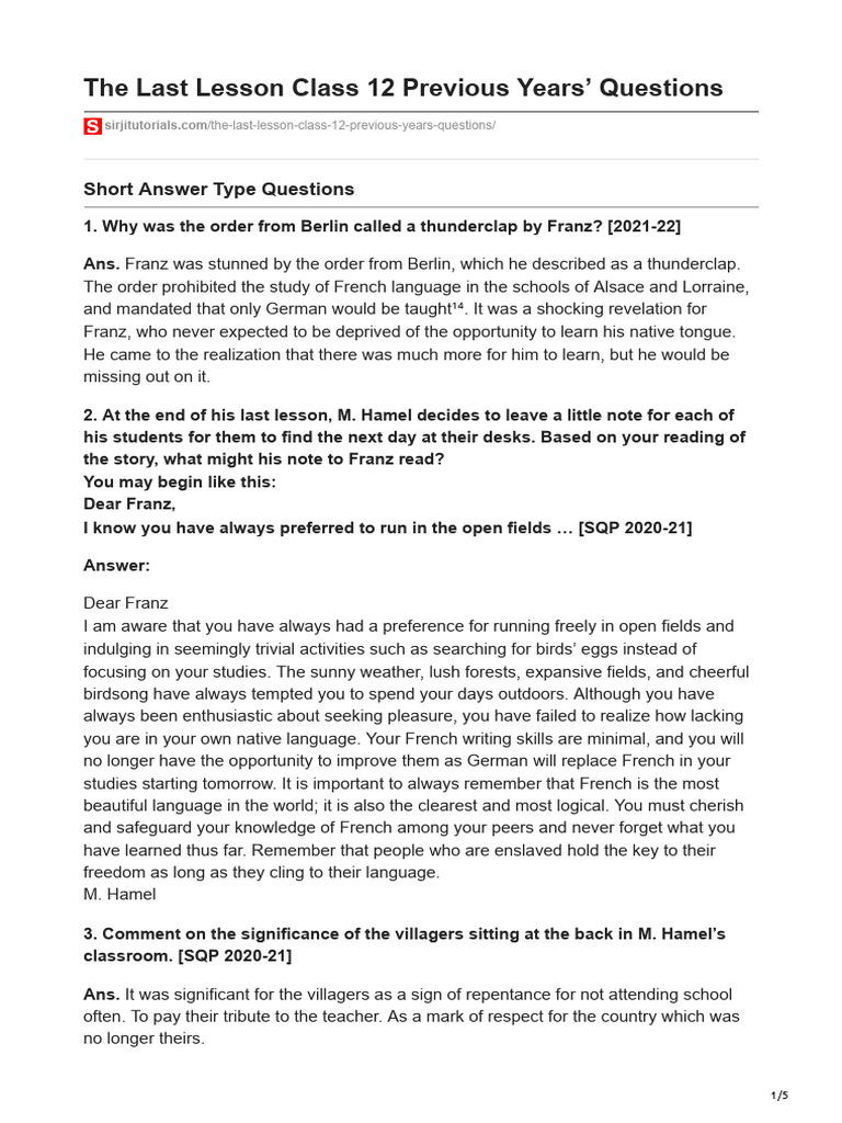The Last Lesson Class 12 Previous Years Questions | PDF | Teachers ...