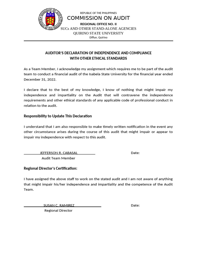A1-Declaration - of - Independence - Audit Team | PDF | Audit ...