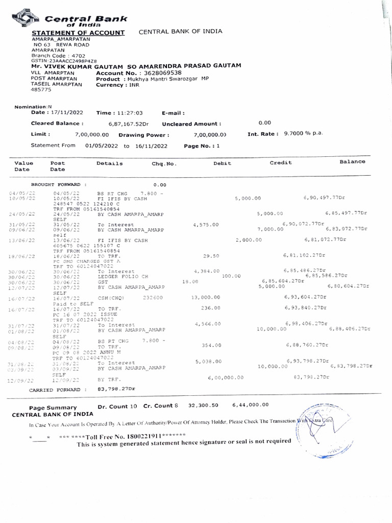 Central Bank of India Account Statement | PDF | Debits And Credits ...
