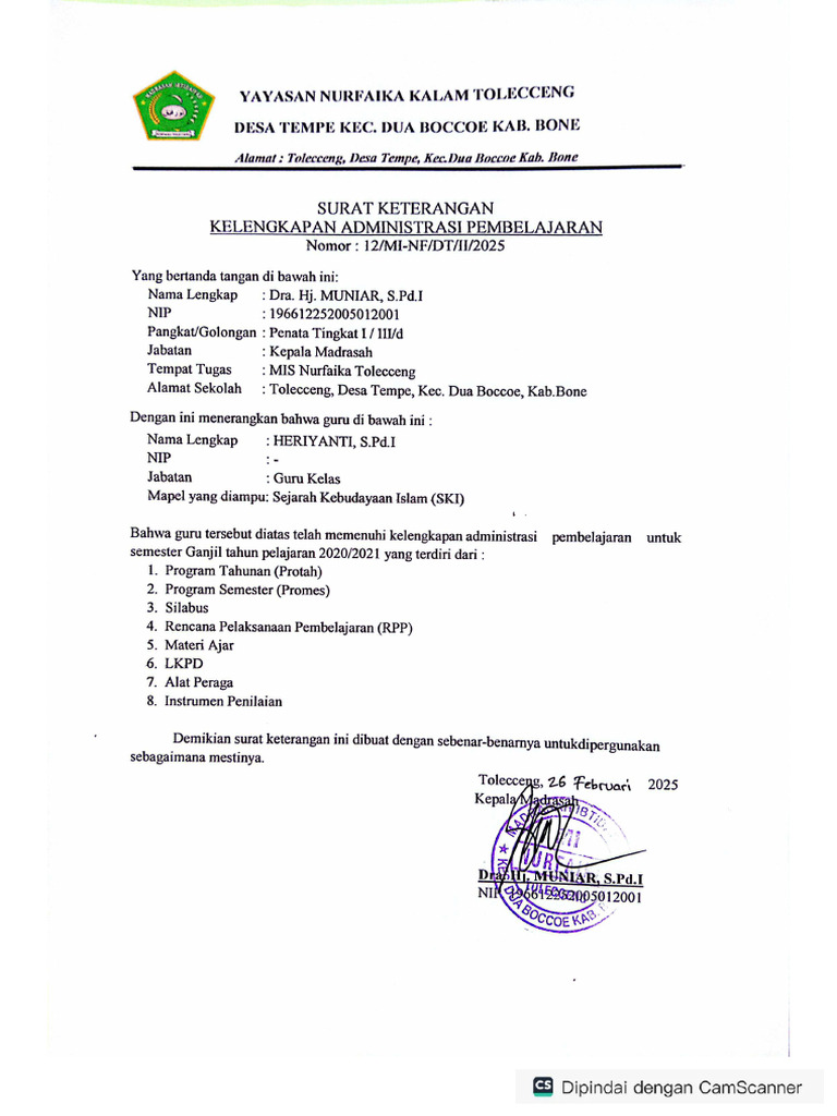 2020-2021 Semester Ganjil - Suket Kelengkapan Adm. Pembelajaran | PDF