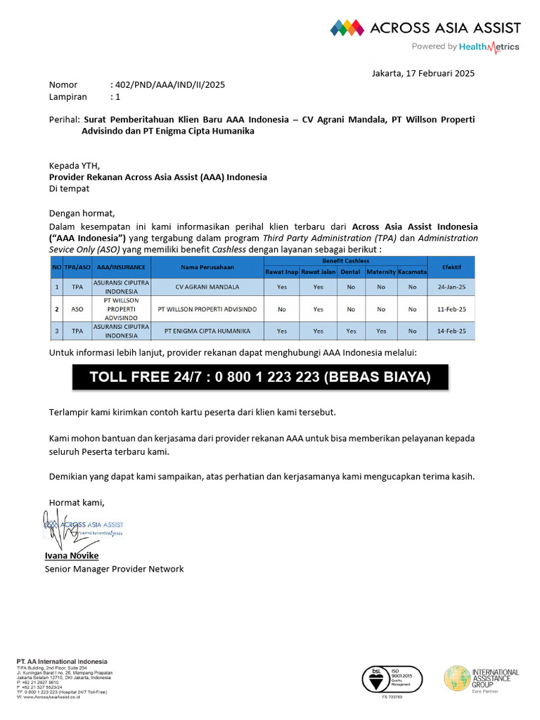Surat Pemberitahuan Klien Baru AAA Indonesia - CV Agrani Mandala, PT Willson Properti Advisindo ...
