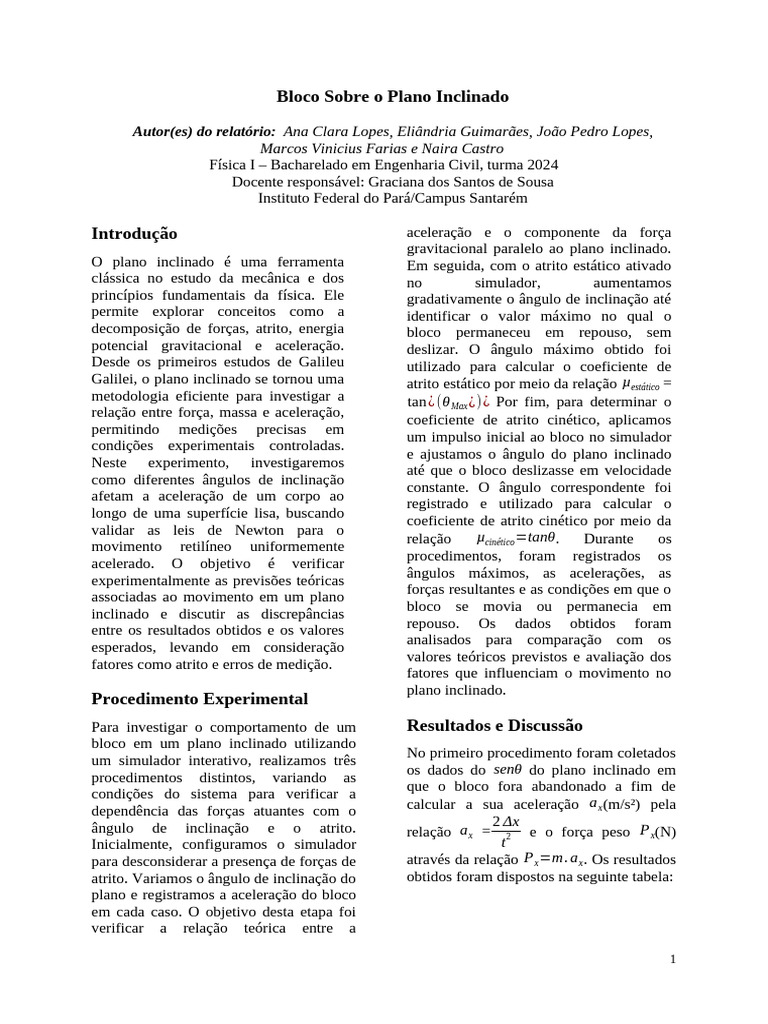 Relatório - Laboratório de Física (Plano Iclinado) | PDF | Força | Atrito