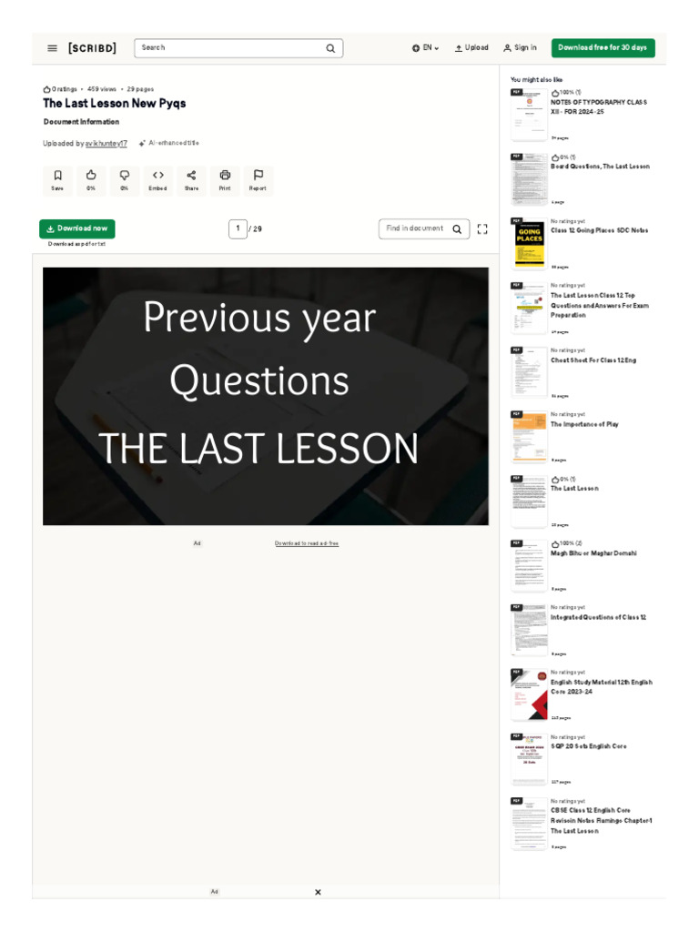 WWW Scribd Com Document 784673935 THE LAST LESSON NEW PYQS | PDF ...