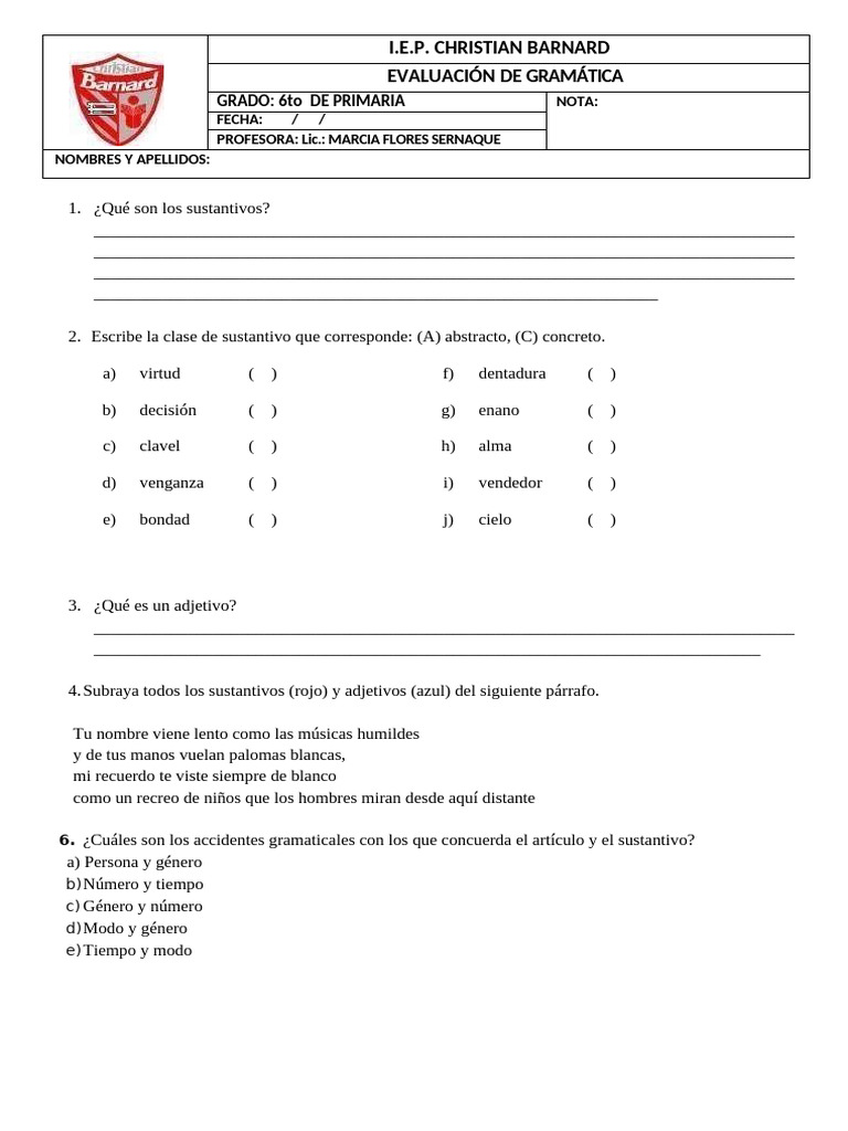 Examen de 6to | PDF | Adjetivo