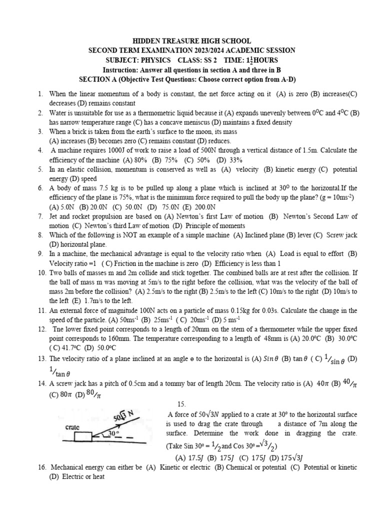 SS2 2ND & 3RD TERM PHYSICS EXAM QSTNS | PDF | Force | Momentum