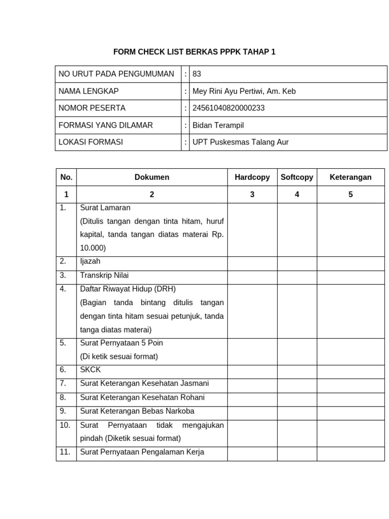 Form Check List Berkas PPPK Tahap 1 | PDF