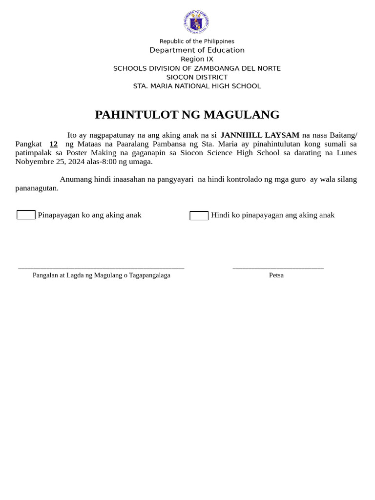 Pahintulot NG Magulang | PDF