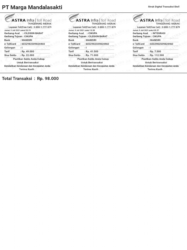 Struk Transaksi ASTRA Infra Toll Road - 203858 | PDF