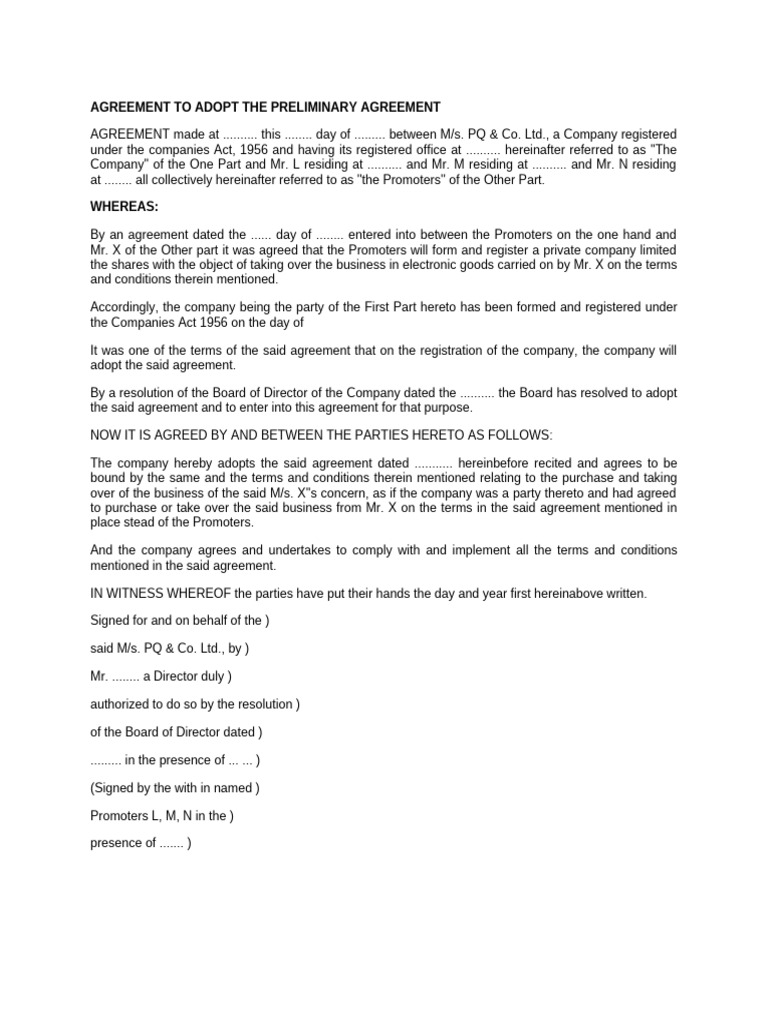 Agreement to Adopt the Preliminary Agreement | PDF