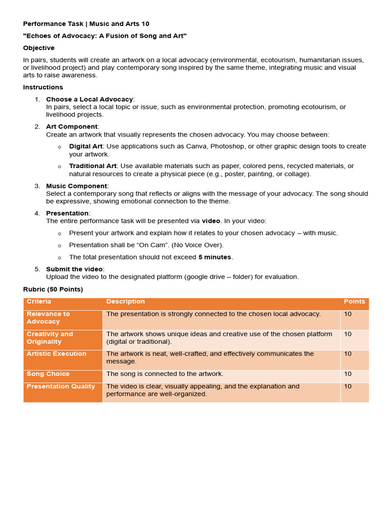 Music and Arts 10 Performance Task | PDF
