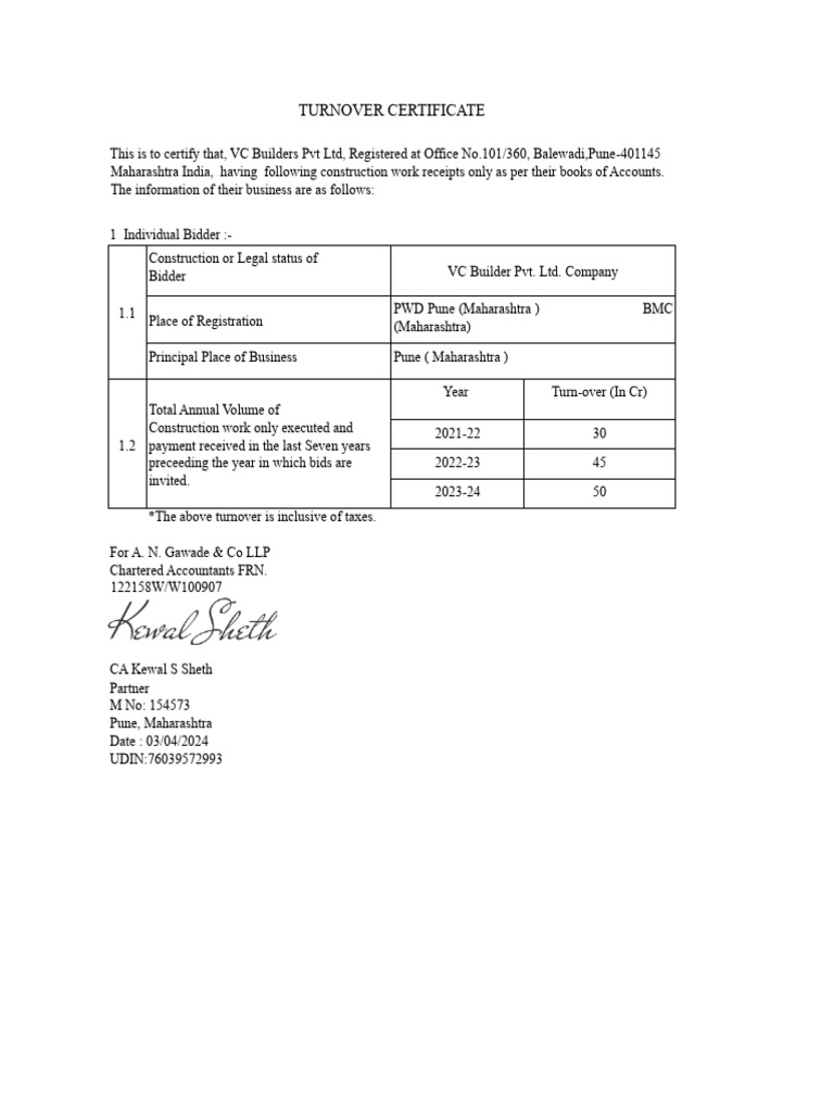 B. ANNUAL TURNOVER CERTIFICATES | PDF | Expense | Equity (Finance)