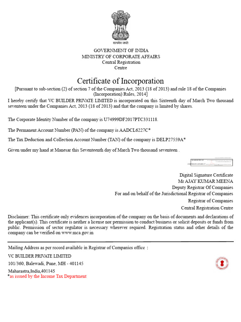 VC Builder Pvt Ltd Incorporation Certificate | PDF