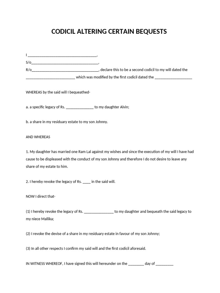 Codicil Altering Certain Bequests | PDF