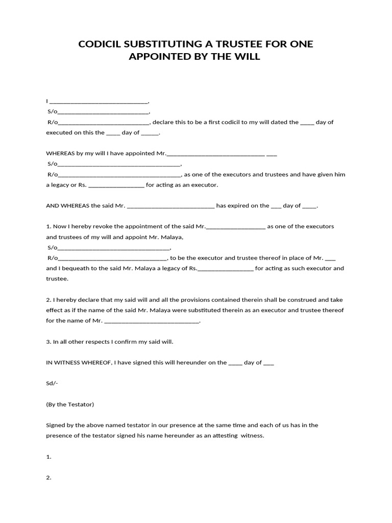 Codicil Substituting A Trustee For One Appointed by The Will | PDF