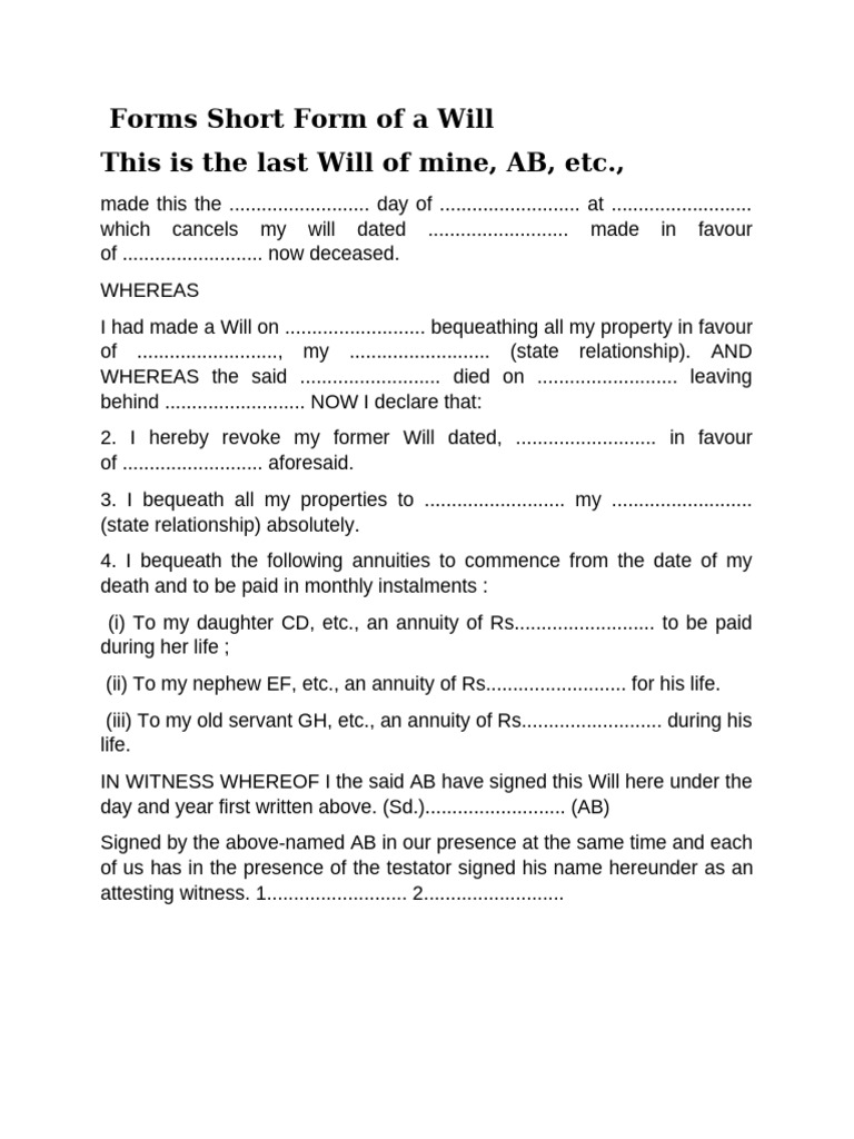 Forms Short Form of A Will | PDF | Will And Testament | Civil Law ...