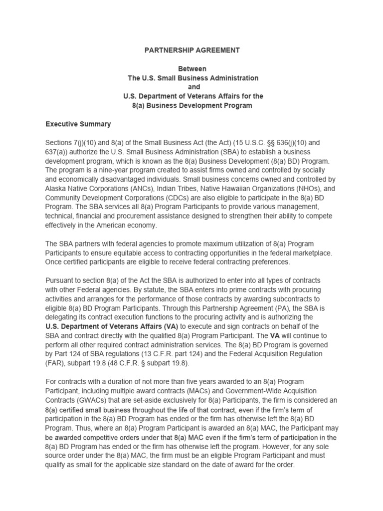 SBA-VA Partnership for 8(a) Program | PDF | Small Business ...