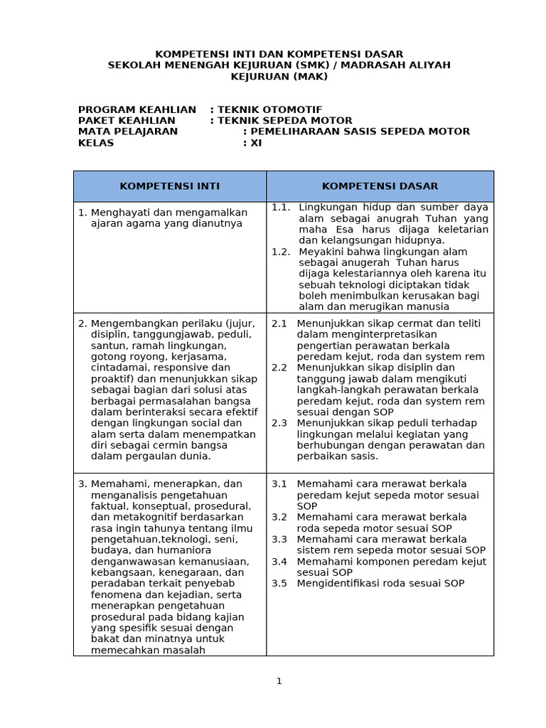 18 Ki KD Pemeliharaan Sasis Sepeda Motor Kelas Xi | PDF