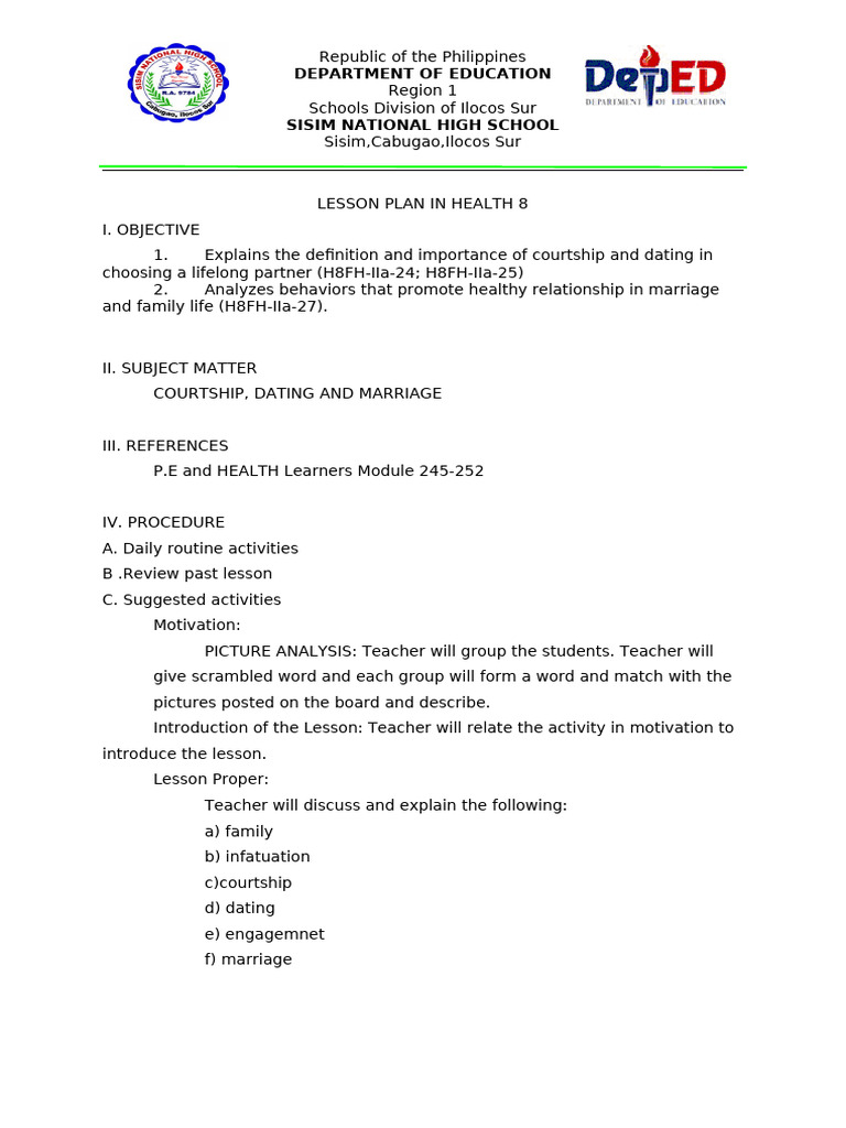 Health 8 Lesson Plan: Courtship & Marriage | PDF