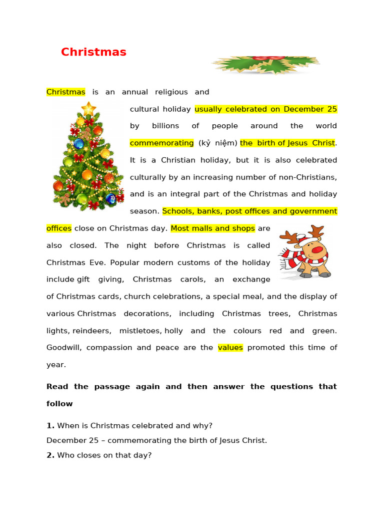 Christmas Celebrations Reading Comprehension Exercises - 75113 | PDF