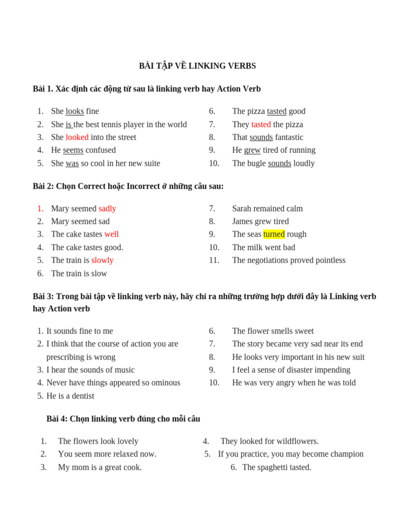 Bài Tập Về Linking Verbs | PDF
